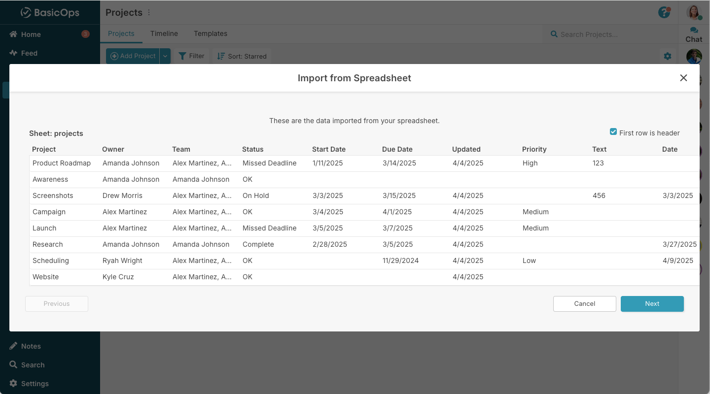 Update Project Information from Spreadsheet – BasicOps Help Center